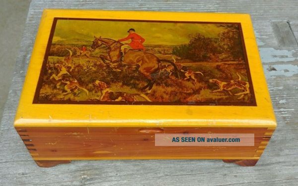 Vintage Dovetail Cedar Wood Box Fox Hunt Scene Hinged Lid 1940s Era ...