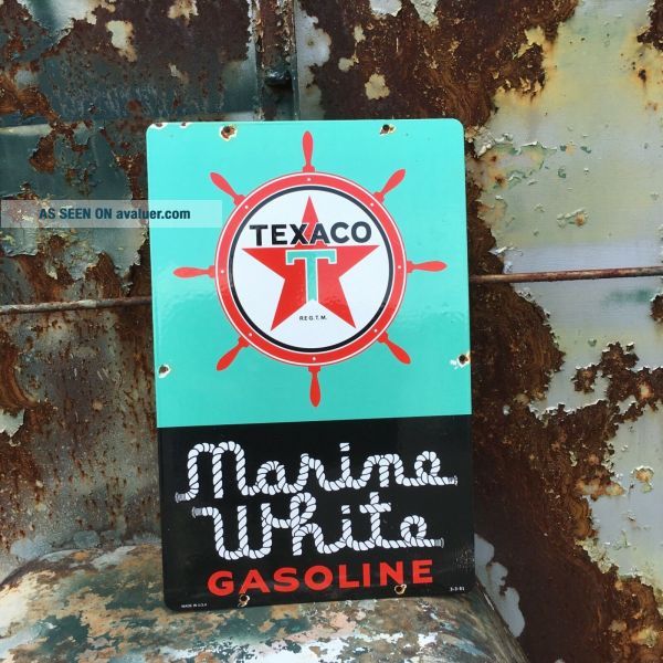 VINTAGE PORCELAIN TEXACO MARINE WHITE GASOLINE GAS AND OIL SIGN | #23779040