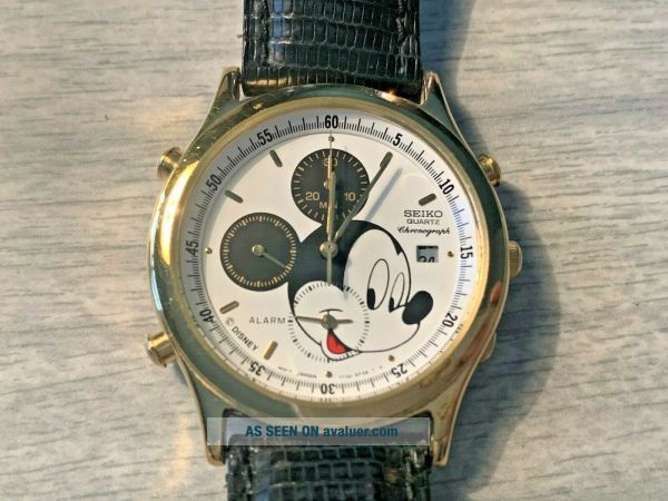 Vintage 90s 37mm Seiko Mickey Mouse Quartz Chronograph Alarm Watch 7T32 ...