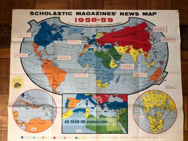 VINTAGE World Map Poster Decor Scholastic Wall Hanging 1950s VINTAGE ...