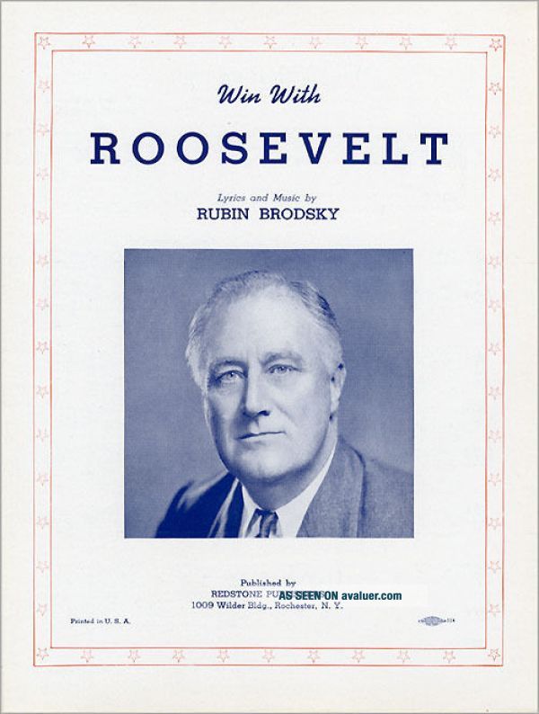 1940 Franklin Roosevelt Campaign Song Advertising Sign W/ Sheet Music ...