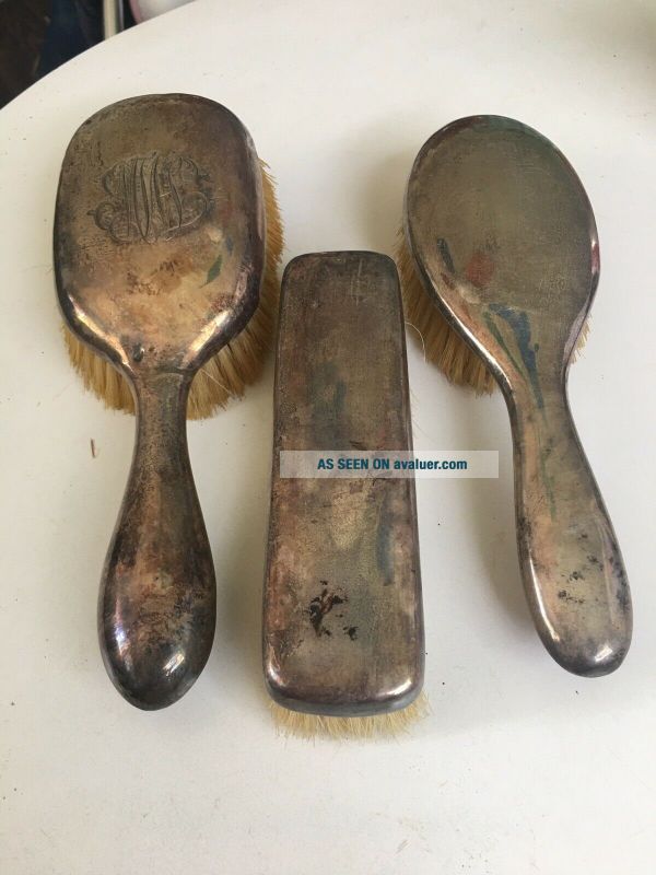 Vintage 3 Piece Tiffany NY Silver Hair Brushes With Bag | #23867110