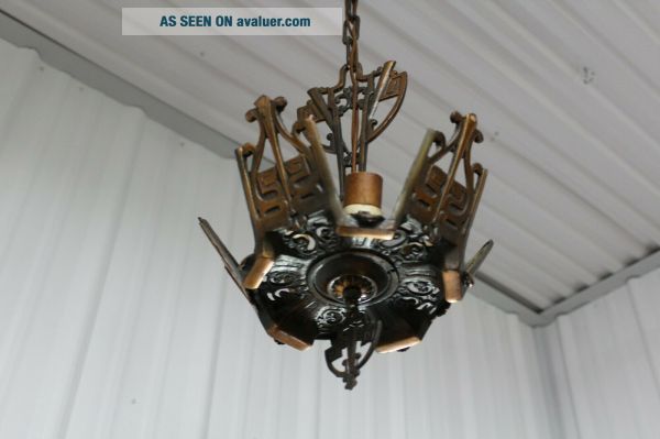 ANTIQUE ART DECO 5 SLIP GLASS SHADE CEILING LIGHT FIXTURE CHANDELIER ...