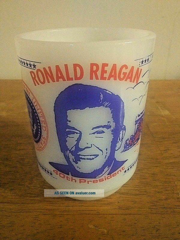 Vintage ANCHOR HOCKING RONALD REAGAN WHITE MILK GLASS COFFEE CUP MUG ...