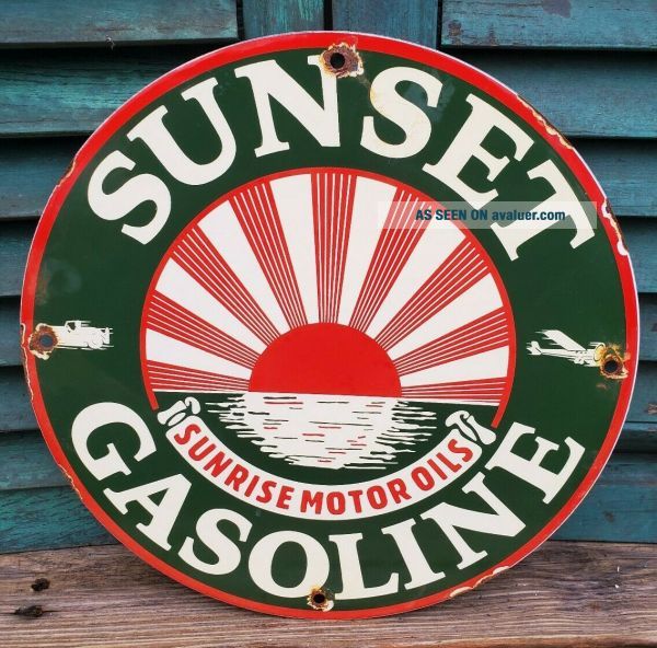 VINTAGE SUNSET GASOLINE PORCELAIN GAS AUTO OIL SERVICE STATION PUMP ...