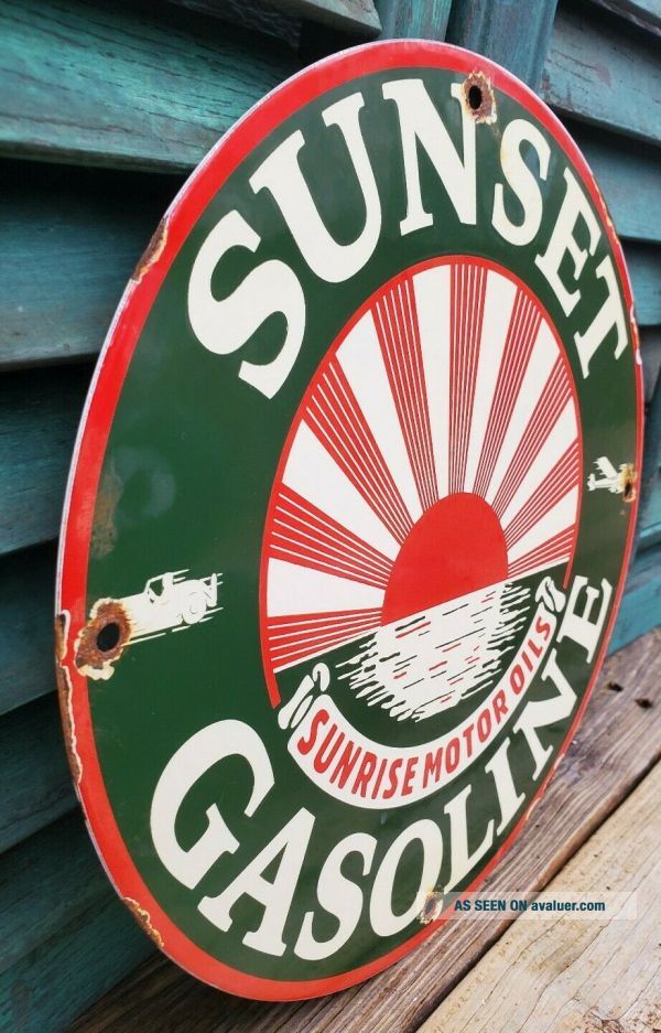 VINTAGE SUNSET GASOLINE PORCELAIN GAS AUTO OIL SERVICE STATION PUMP ...