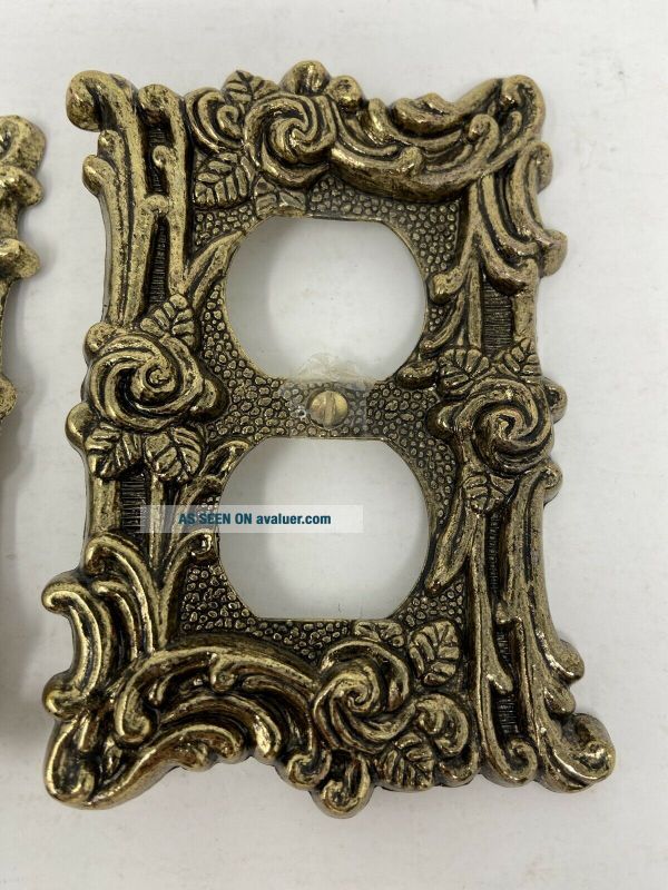2 Vintage AmerTac Ornate Cast Brass Metal Wall Plate Outlet Plug Covers ...