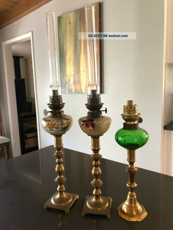 Set Of 3 Vintage Hand Painted Oil Kerosene Glass Lamps With Brass ...