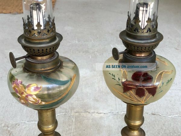 Set Of 3 Vintage Hand Painted Oil Kerosene Glass Lamps With Brass ...