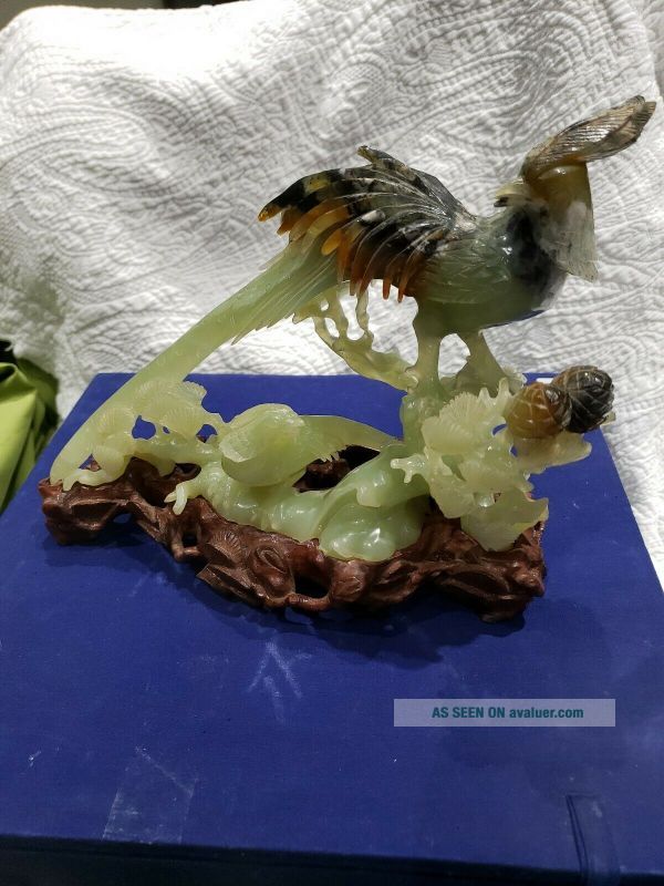 INCREDIBLE DETAIL 100 Hand Carved Chinese JADE Birds Sculpture W/ Wood ...