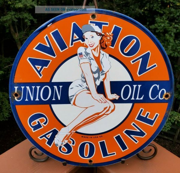 OLD VINTAGE 1959 UNION OIL CO. AVIATION GASOLINE PORCELAIN GAS STATION ...