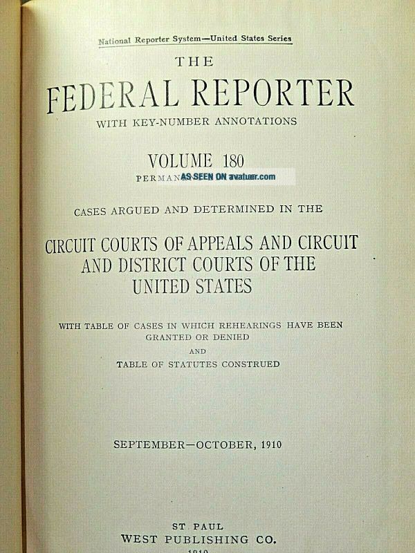 Antique Lawyers Law Book The Federal Reporter Vol. 180 1910 Leather ...