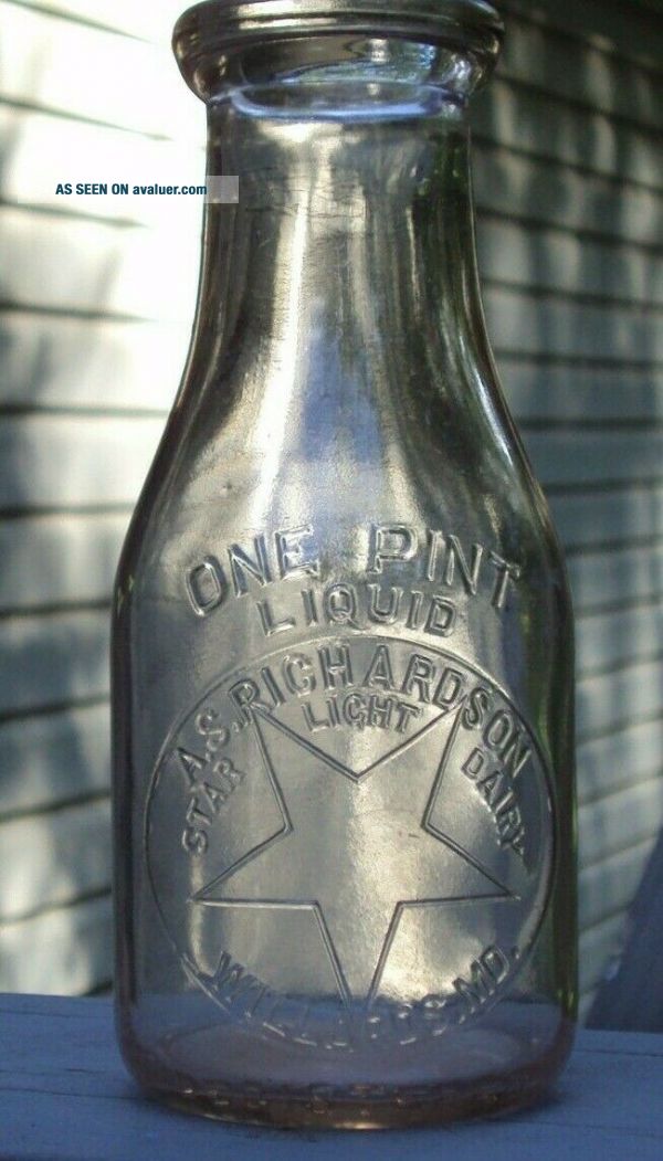 Vintage One Pint Milk Bottle A. S. RICHARDSON STAR LIGHT DAIRY WILLARDS ...