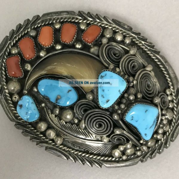 Old Pawn Navajo Jackie Singer Sterling Turquoise Coral Belt Buckle ...