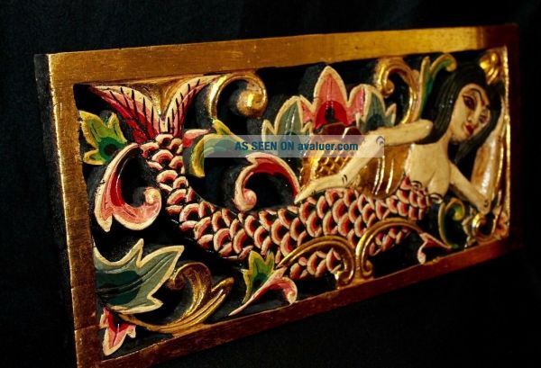 Bali Mermaid Relief Panel Hand Carved Wood Balinese Architectural Wall ...