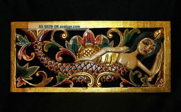Bali Mermaid Relief Panel Hand Carved Wood Balinese Architectural Wall ...