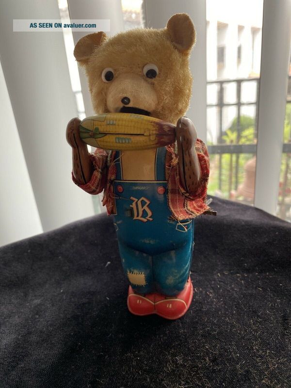 Vintage Mechanical Wind Up Toy Teddy Bear Eating Corn | #24698806
