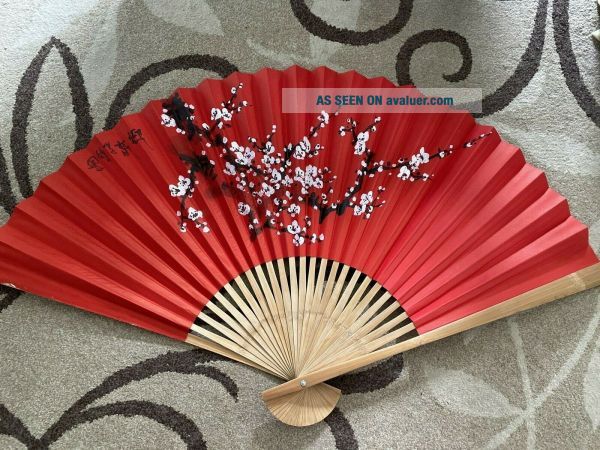 Wall Fan Chinese Water Color Hand Painted Large Bamboo Frame 48x26 ...
