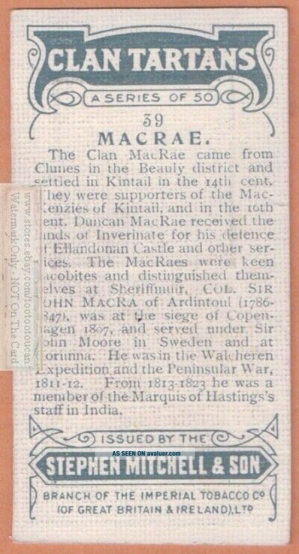 Macrae Family Clan Celtic Tartan Pattern Scotland Kilt C90 Y/O Trade Ad ...