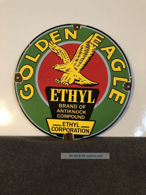 VINTAGE PORCELAIN GOLDEN EAGLE ETHYL GAS PUMP PLATE SIGN | #25188706