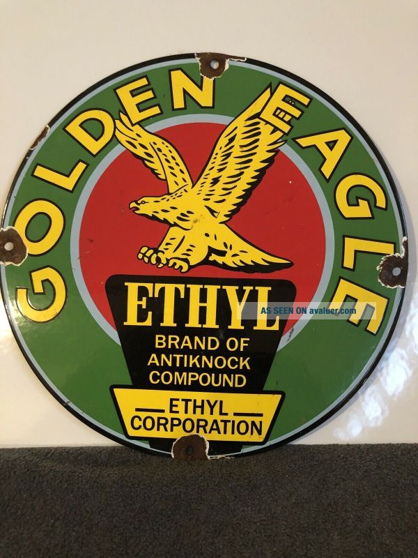 VINTAGE PORCELAIN GOLDEN EAGLE ETHYL GAS PUMP PLATE SIGN | #25188706