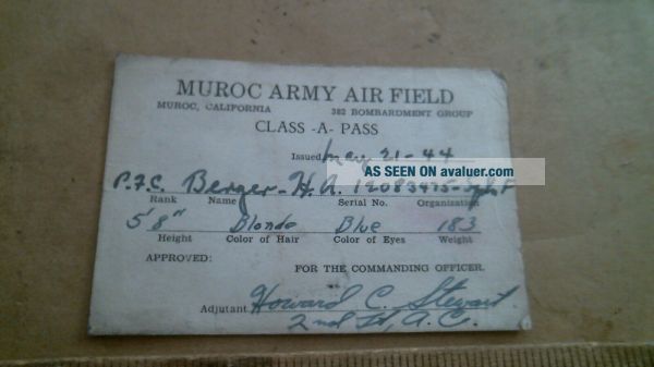 1944 Muroc Field CA US Army Air Force Class A Pass 382nd Bombardment ...