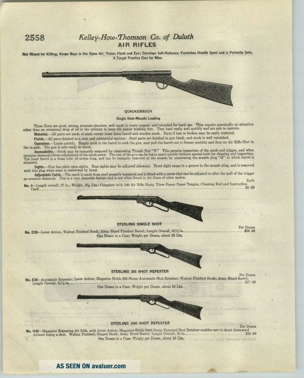 1920 PAPER AD 2 Sided Air Rifle BB Gun King Quackenbush Muzzle Loading ...