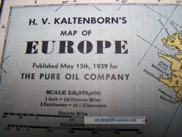 VTG 1939 WWII Map Of Europe H. V. KALTENBORN ' S Pure Oil Co Armaments ...
