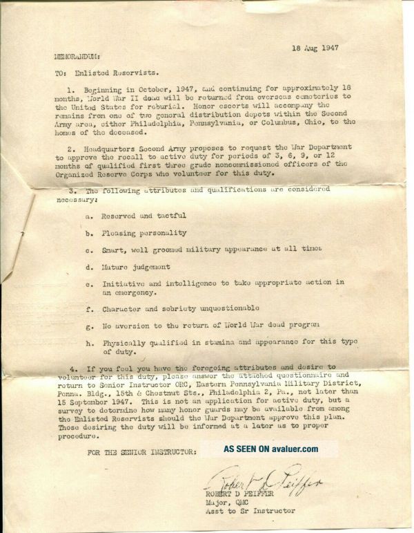 1947 US ARMY REQUEST FOR HONOR GUARDS REPATRIATING KIA REMAINS FROM ...