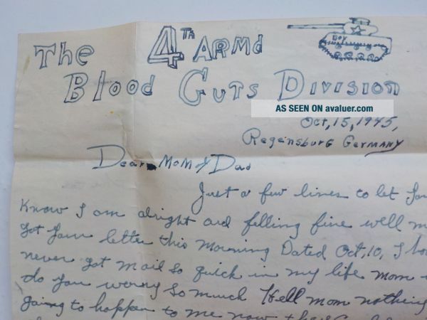 WWII Letter 1945 Tank 4th Armored The Blood Guts Division Artwork WW2 ...