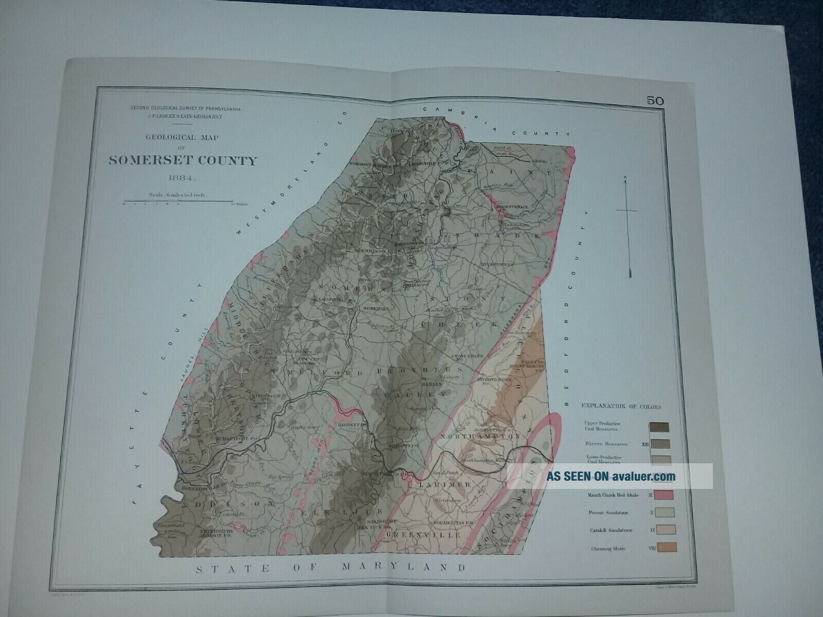 " GEOLOGICAL MAP OF SOMERSET COUNTY ", PA 1884 | #25529741