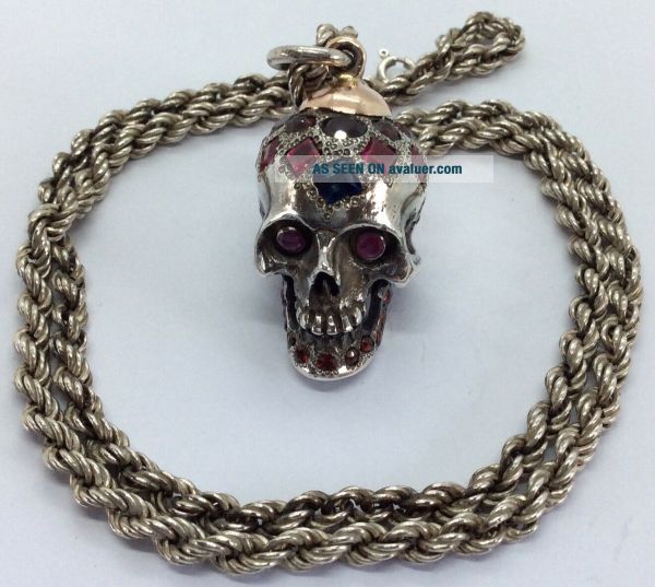 Fine 9ct Gold And Silver Memento Mori Multi Gem Skull Pendant Necklace ...