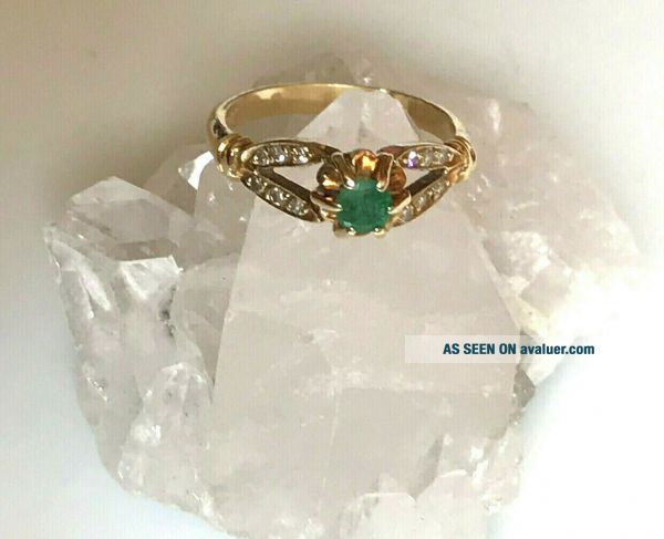 14C/14K YELLOW GOLD DIAMOND AND EMERALD ARC DECO DESIGN RING, 585 SIZE ...