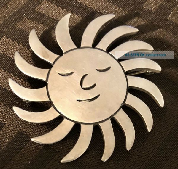 Vintage Mexico 925 Sterling Silver Sun Face Design Pin Brooch | #26054815