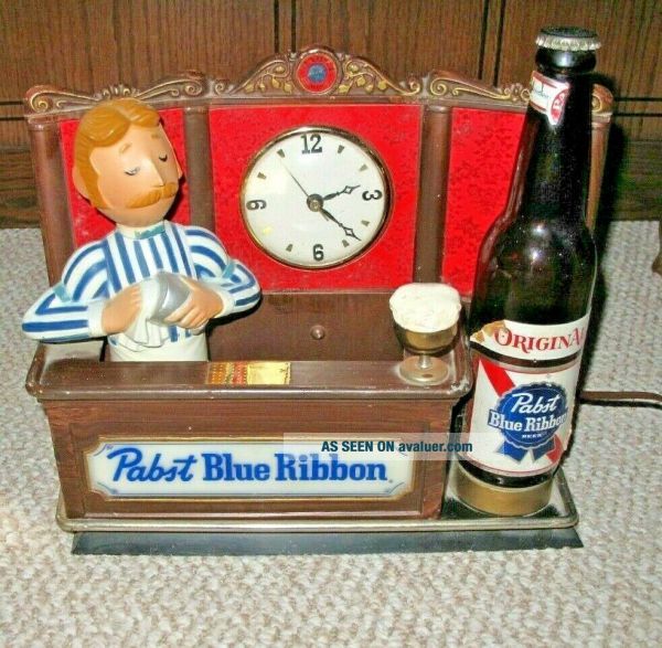 Vintage PBR Pabst Blue Ribbon Beer Bartender Metal Bar Light Up Clock ...