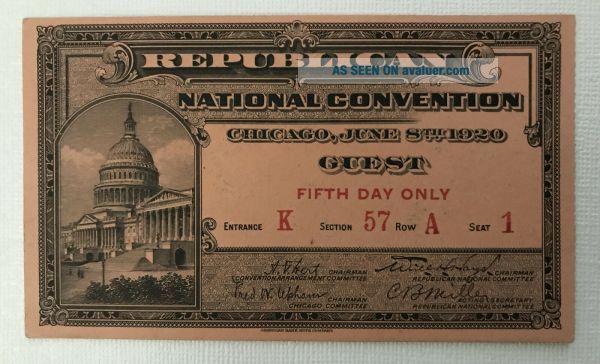 1920 REPUBLICAN NATIONAL CONVENTION TICKET W/COVER PRESIDENT HARDING ...