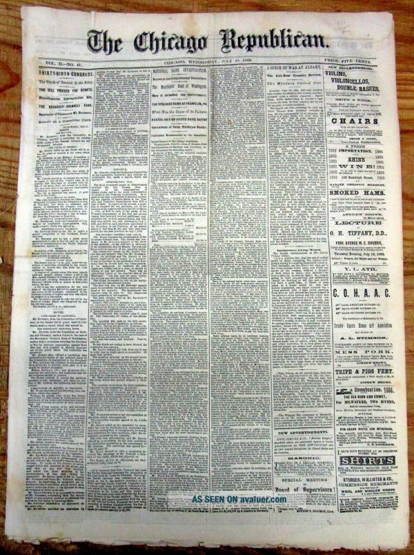Best 1866 Chicago Newspaper W Long Detailed EARLY DESCRIPTION Of ...