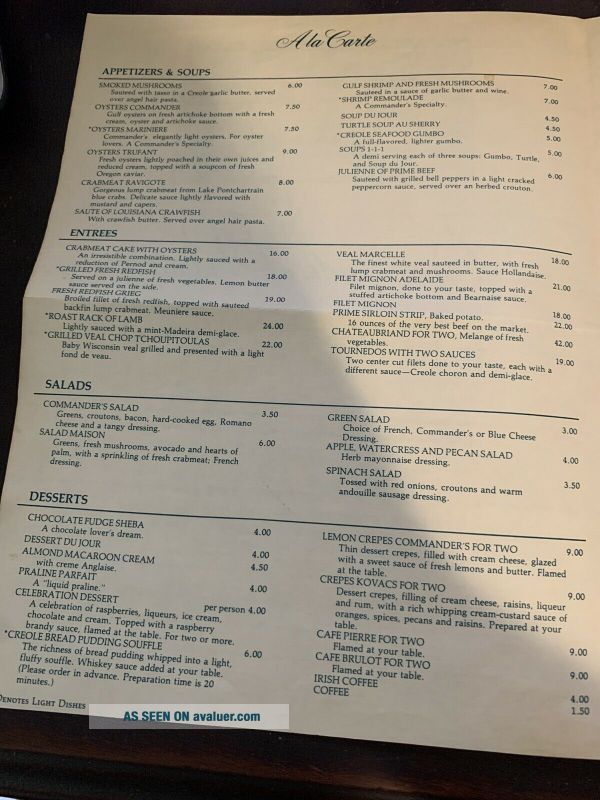 Vintage Restaurant Menu Commander ' S Palace Orleans 1987 Shippin ...