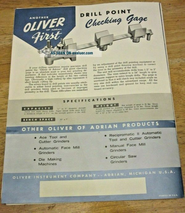 Oliver Of Adrian Instrument Co Michigan Booklet Precision Drill Point ...