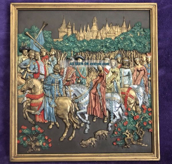 LARGE VTG CHALKWARE MARCUS DESIGN 3D HORSES MEDIEVAL CASTLE SCENE ...