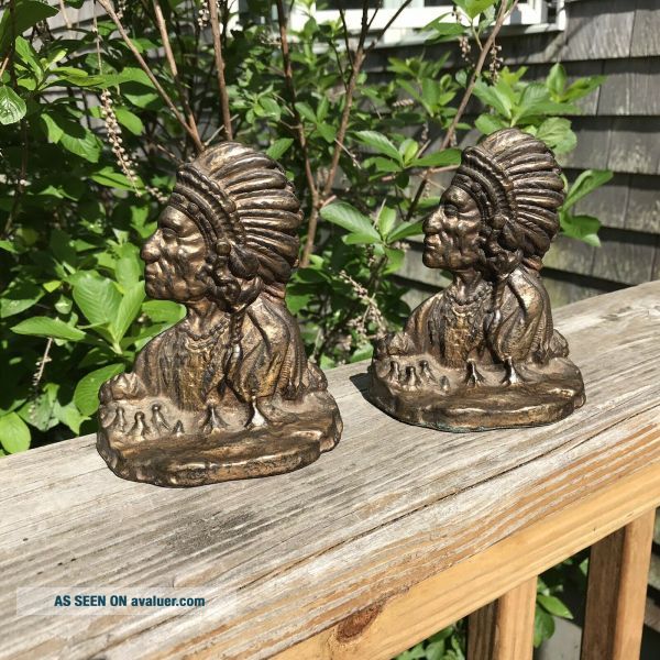 Antique Pair Native American Indian Chief Cast Iron Bookends Copper ...