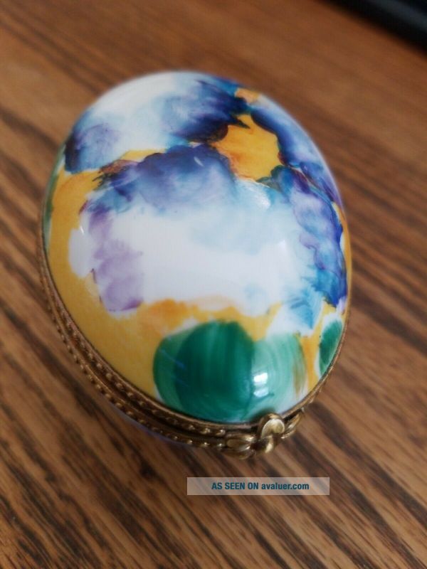 Vintage LIMOGES France Hinged Egg Trinket Box Floral Yellow Blue Green ...