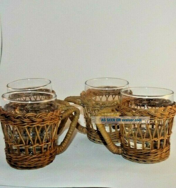 Vintage Set Of 4 Rattan Cup Holder With Glasses | #27146353