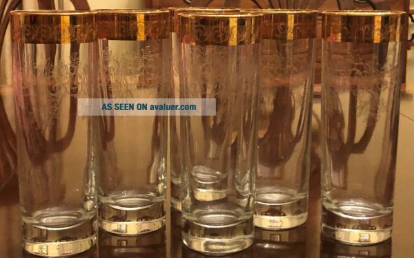 Vintage Set Of 6 Etched Glass With Gold Rim Tall Highboy Collins ...