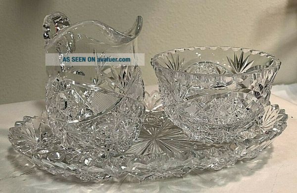 Creamer, Sugar & Tray Plate American Brilliant Cut Crystal Star Pattern ...