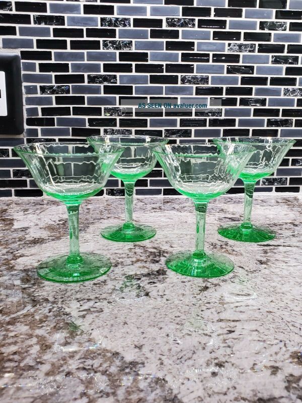 4 Vintage Green Depression Uranium Glass Line Optic Champagne Coupes ...