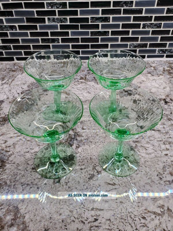 4 Vintage Green Depression Uranium Glass Line Optic Champagne Coupes ...