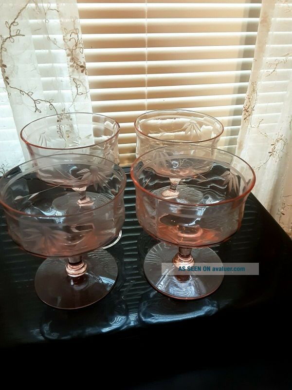 Set Of 4 Pink Etched Stemmed Sherbert Dessert Glasses | #36364076