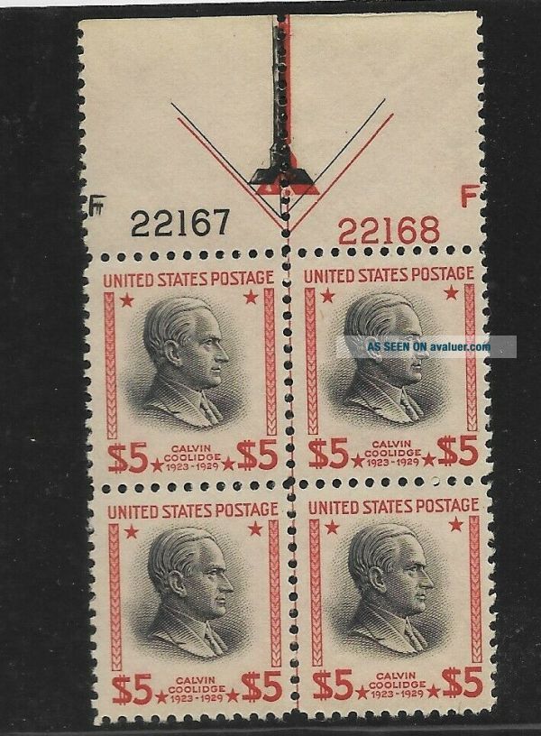 US Scott 834 Never Hinged Arrow Plate Block Of 4, $5 Coolidge Prexie Og ...