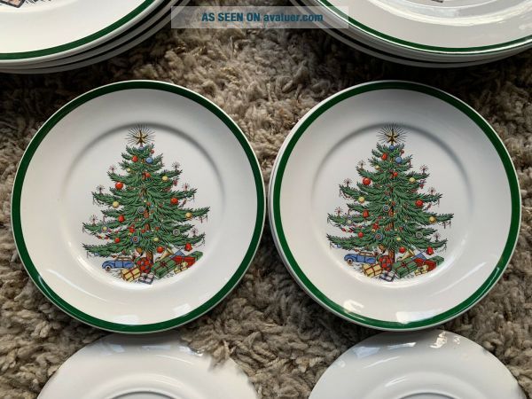 12 Piece Cuthbertson Christmas Tree England Dinner Plates Green Band ...